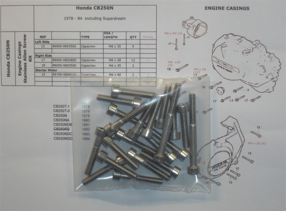 Honda CB250N CB400N Superdream Engine Covers Stainless Allen Screw Kit ...
