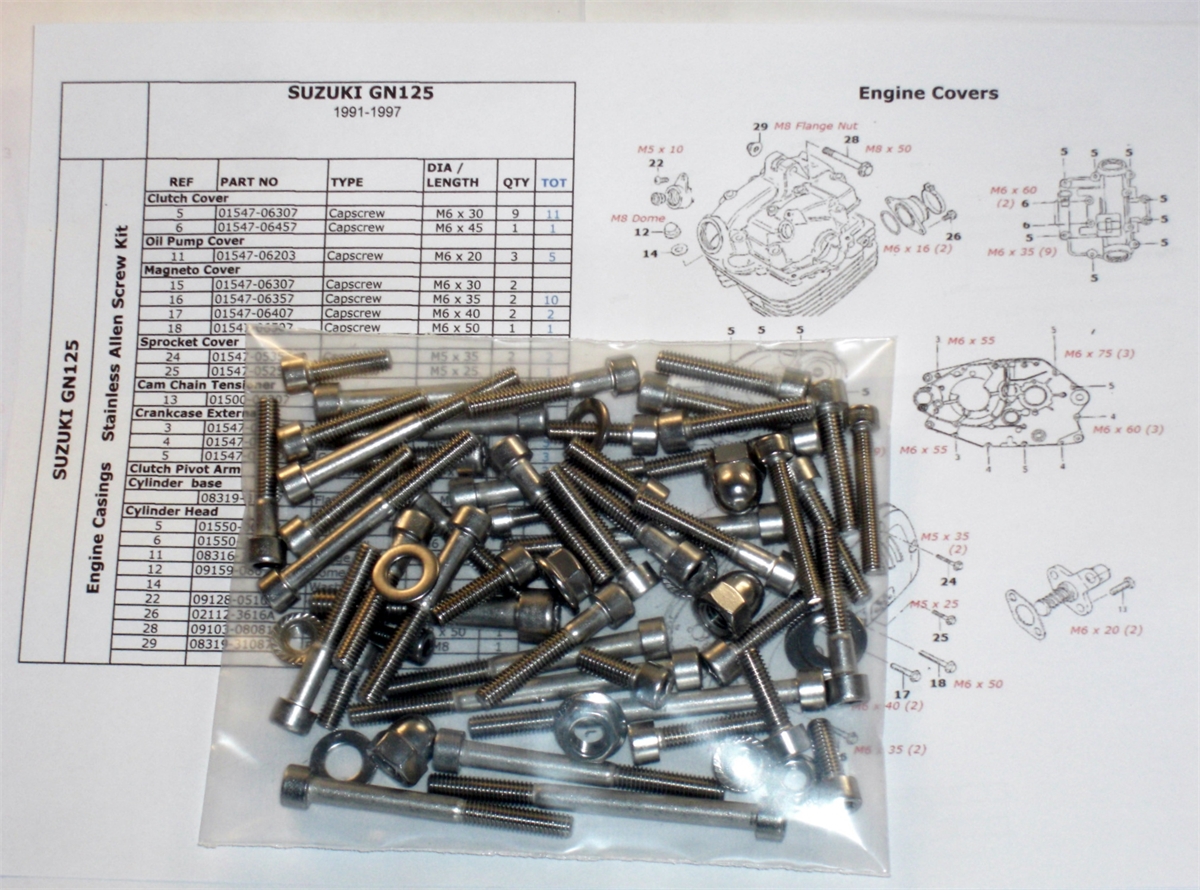 Suzuki GN125 GS125 Engine Covers & Cylinder Socket Capscrews kit - Stig ...