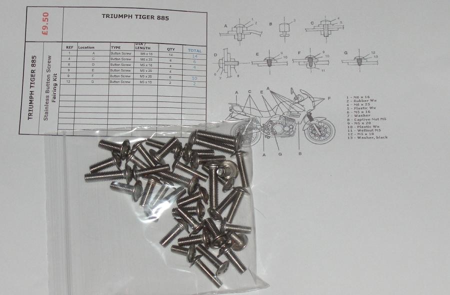 Triumph Tiger 885 Stainless Fairing / Body panel screw Kit - Stig ...
